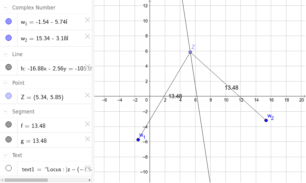Straight line locus of two complex numbers – GeoGebra