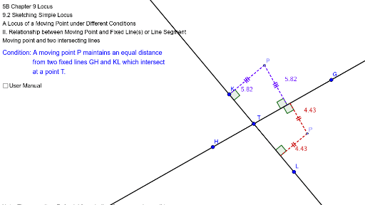 Locus of a moving point and two fixed intersecting lines – GeoGebra