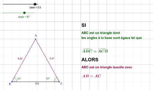 Propriété réciproque des angles à la base d'un triangle isocèle – GeoGebra