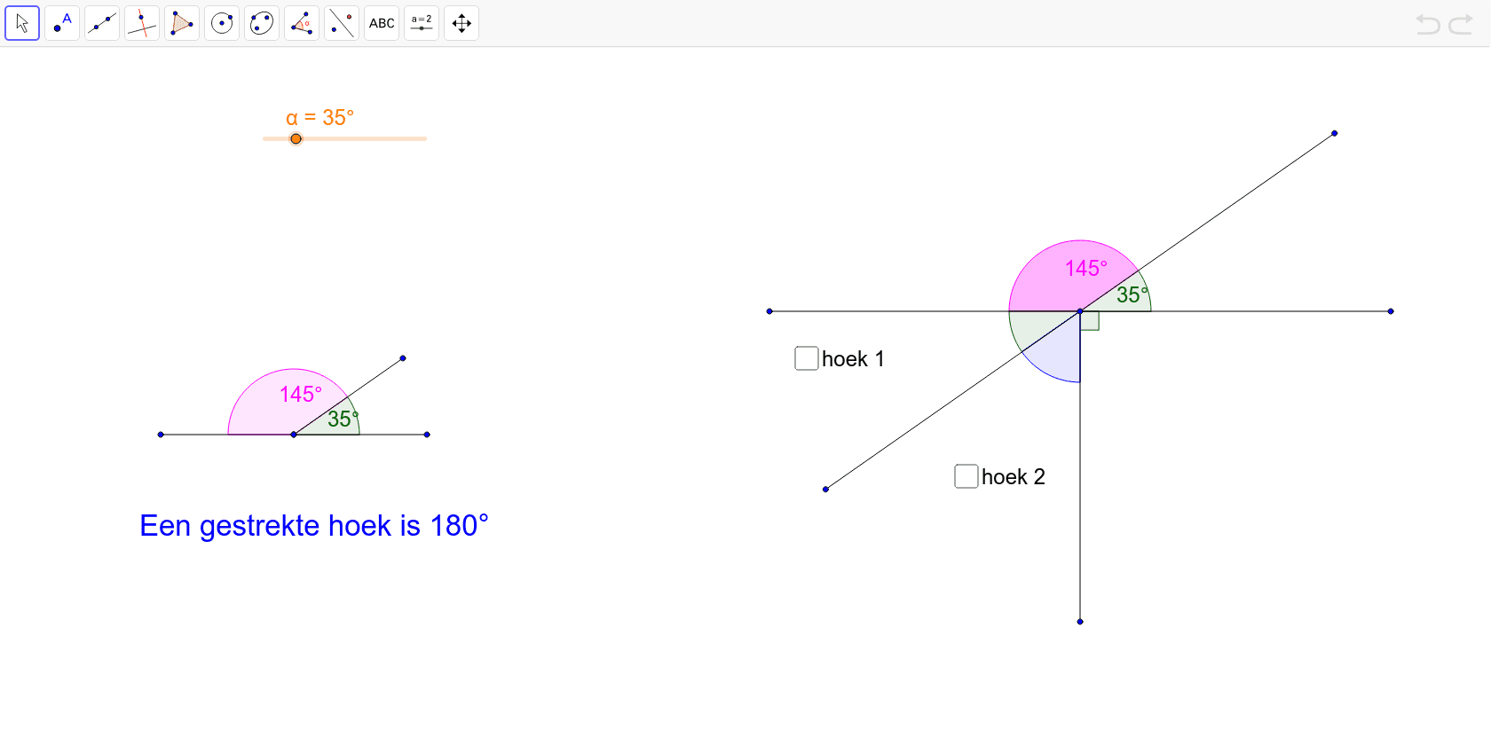 Berekeningen met een gestrekte hoek – GeoGebra
