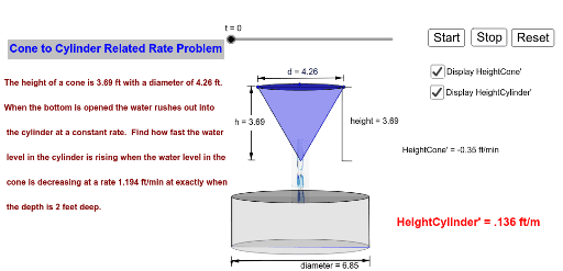 Cone to Cylinder Related Rate Problem – GeoGebra