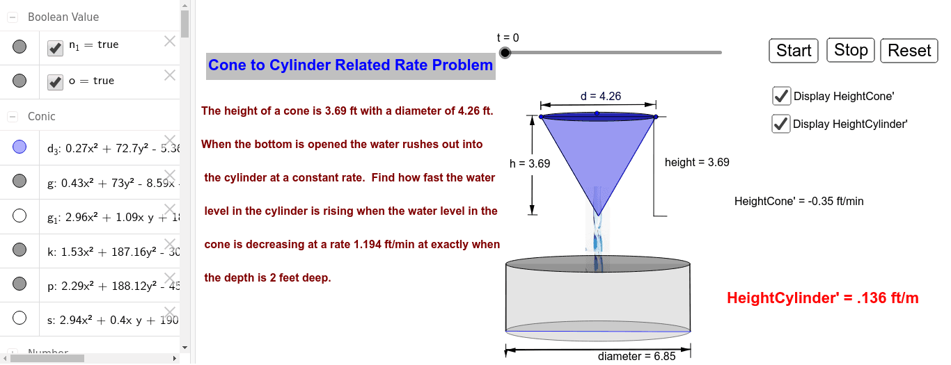 Cone to Cylinder Related Rate Problem – GeoGebra