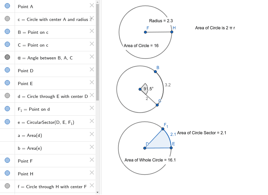 Circle Area and Sector Area – GeoGebra