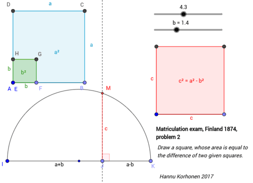 Square whose area is equal to the difference of two given squares – GeoGebra