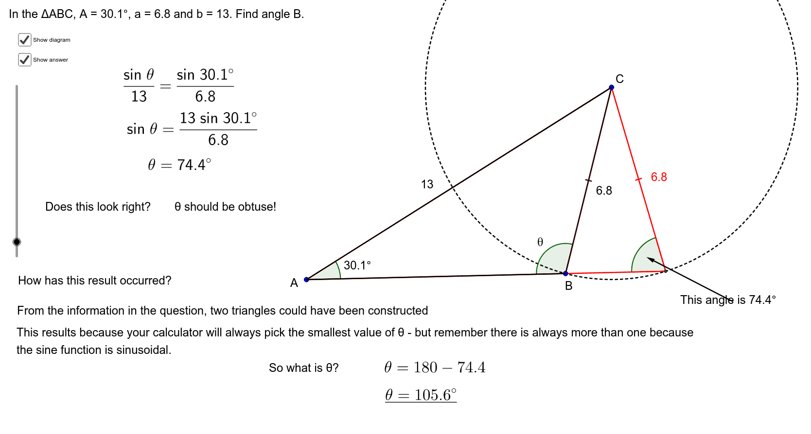 Sine rule - ambiguous case – GeoGebra