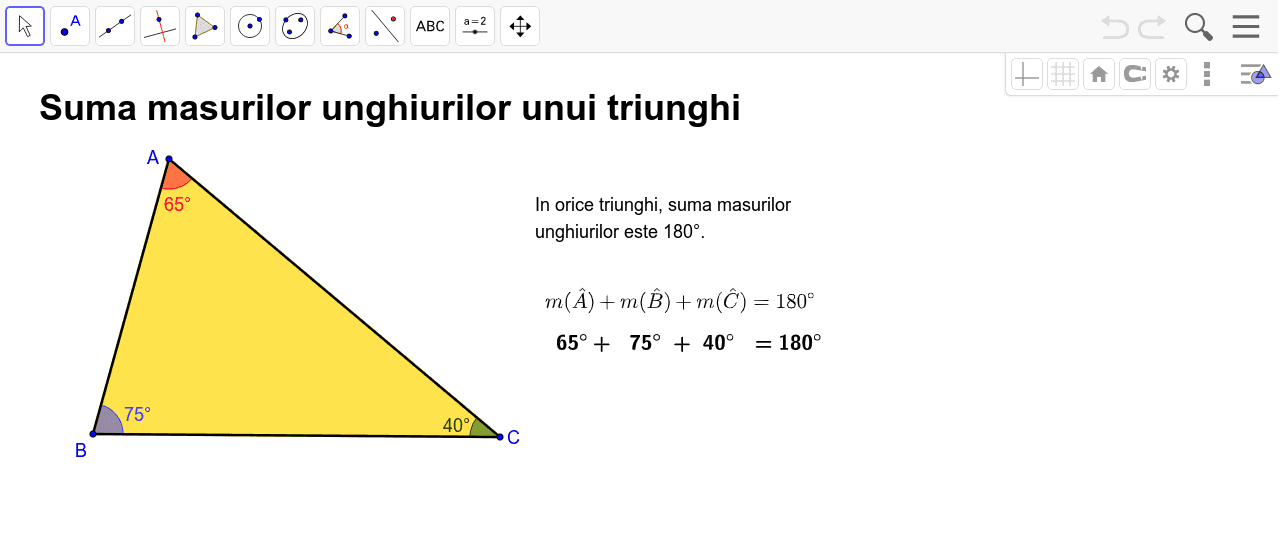 Suma masurilor unghiurilor unui triunghi – GeoGebra Suma masurilor unghiurilor unui triunghi – GeoGebra