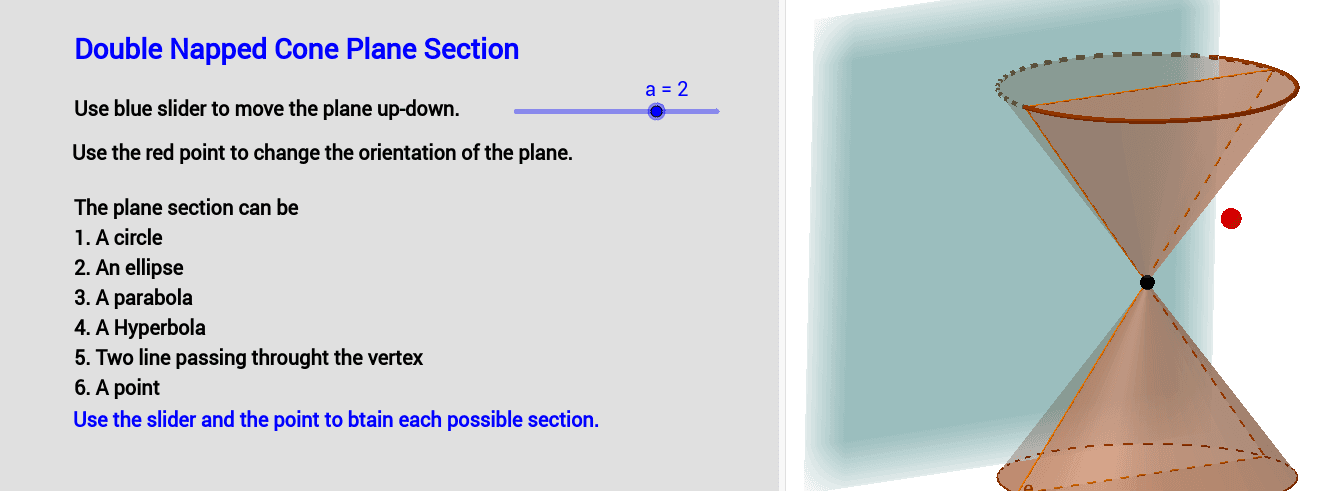Plane sections of double napped cone – GeoGebra