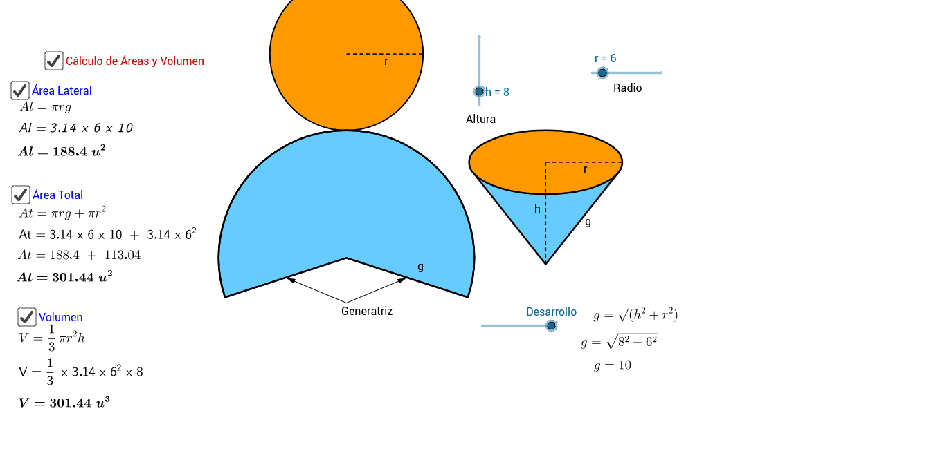 Desarrollo plano, área y volumen del CONO RECTO – GeoGebra