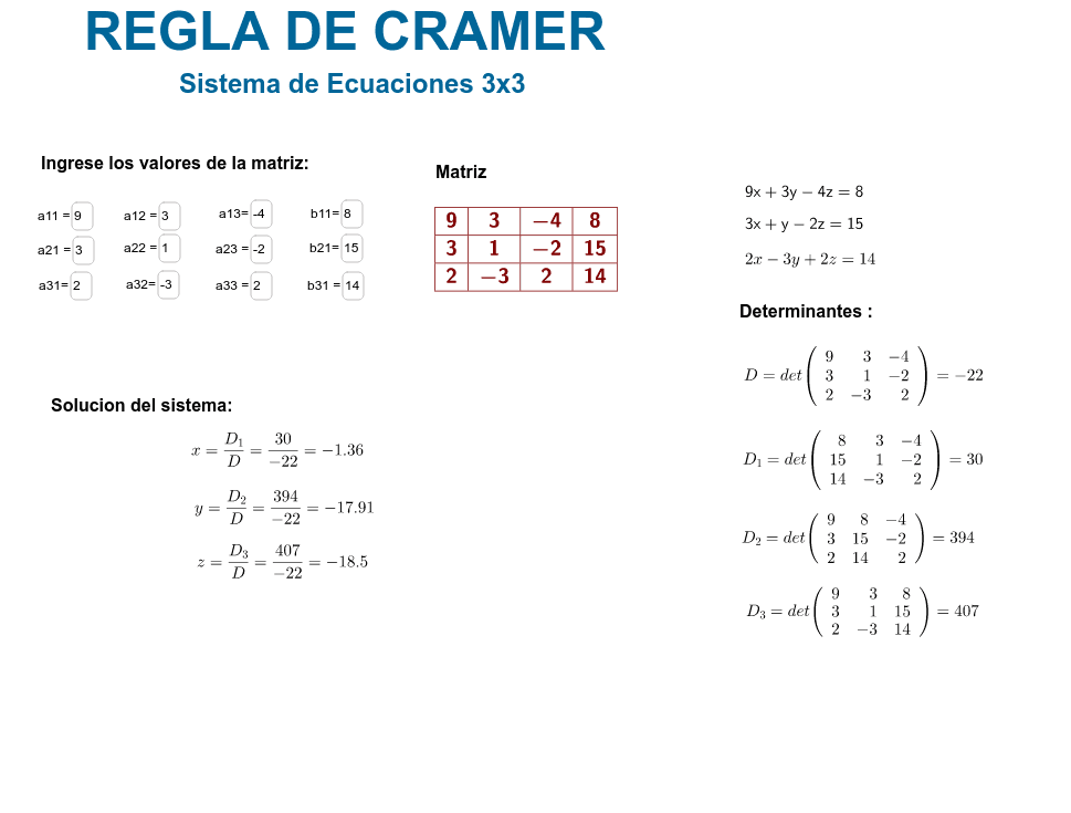 Regla De Cramer Sistema De Ecuaciones 3x3 Geogebra