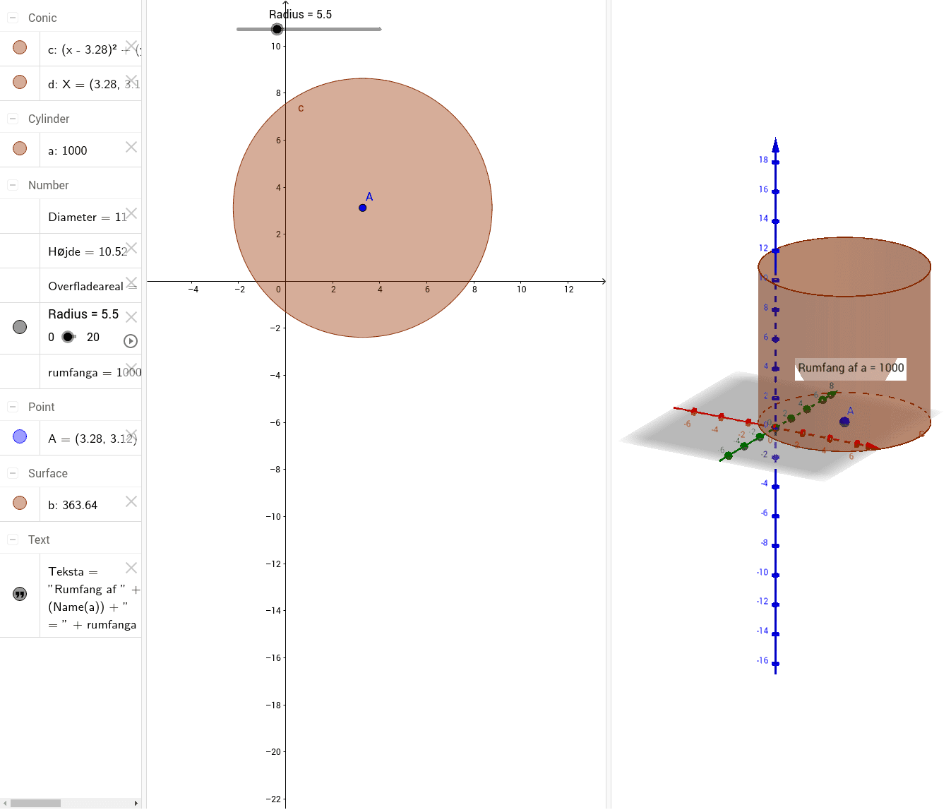 Dynamisk cylinder med et rumfang på 1 liter – GeoGebra
