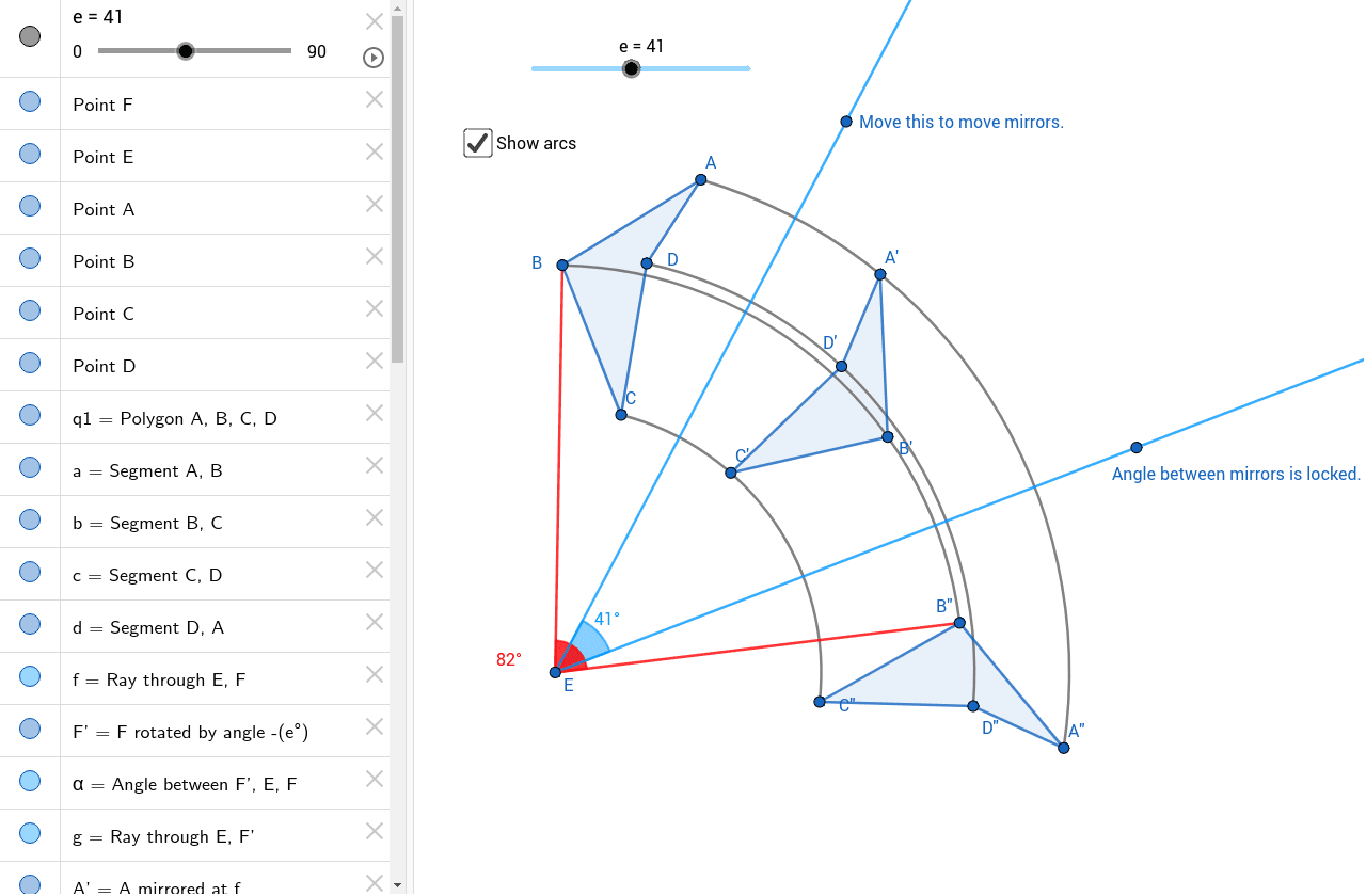 Reflection across two mirrors, labeled angles – GeoGebra