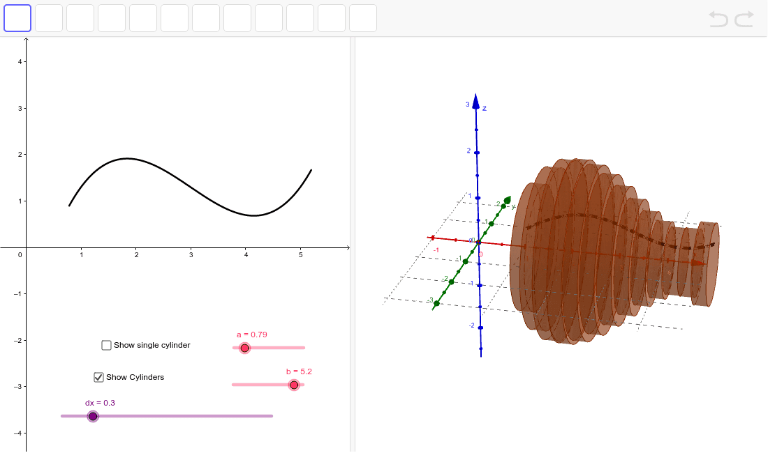 Using cylinders to show how volume of revolution is formed – GeoGebra