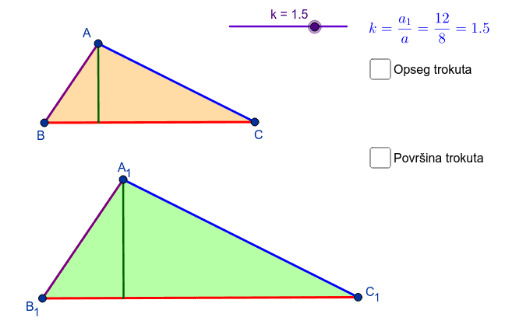 Opseg i površina sličnih trokuta – GeoGebra