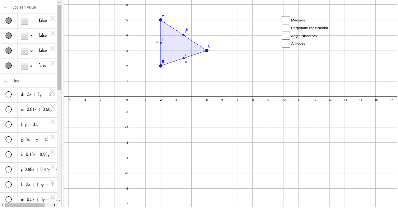 Medians,Perpendicular Bisectors, Angel Bisectors, Altitudes – GeoGebra
