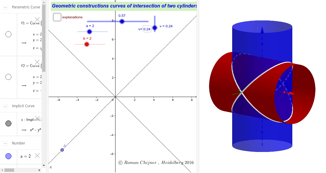 Geometric constructions curves of intersection of two cylinders – GeoGebra