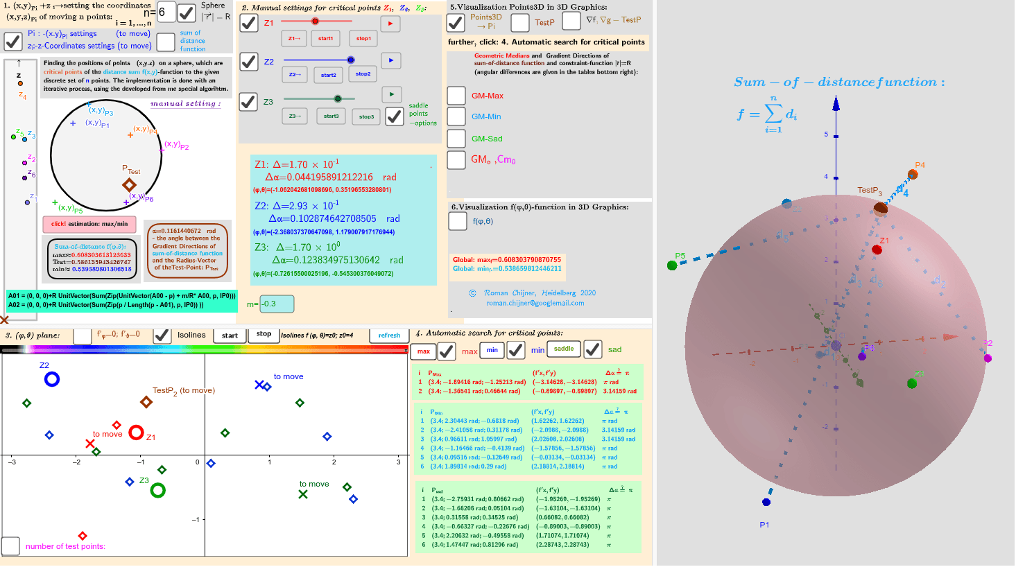 Example 2 of Applet in which 6 moving points in three-dimensional space "induce" 14 geometric ...