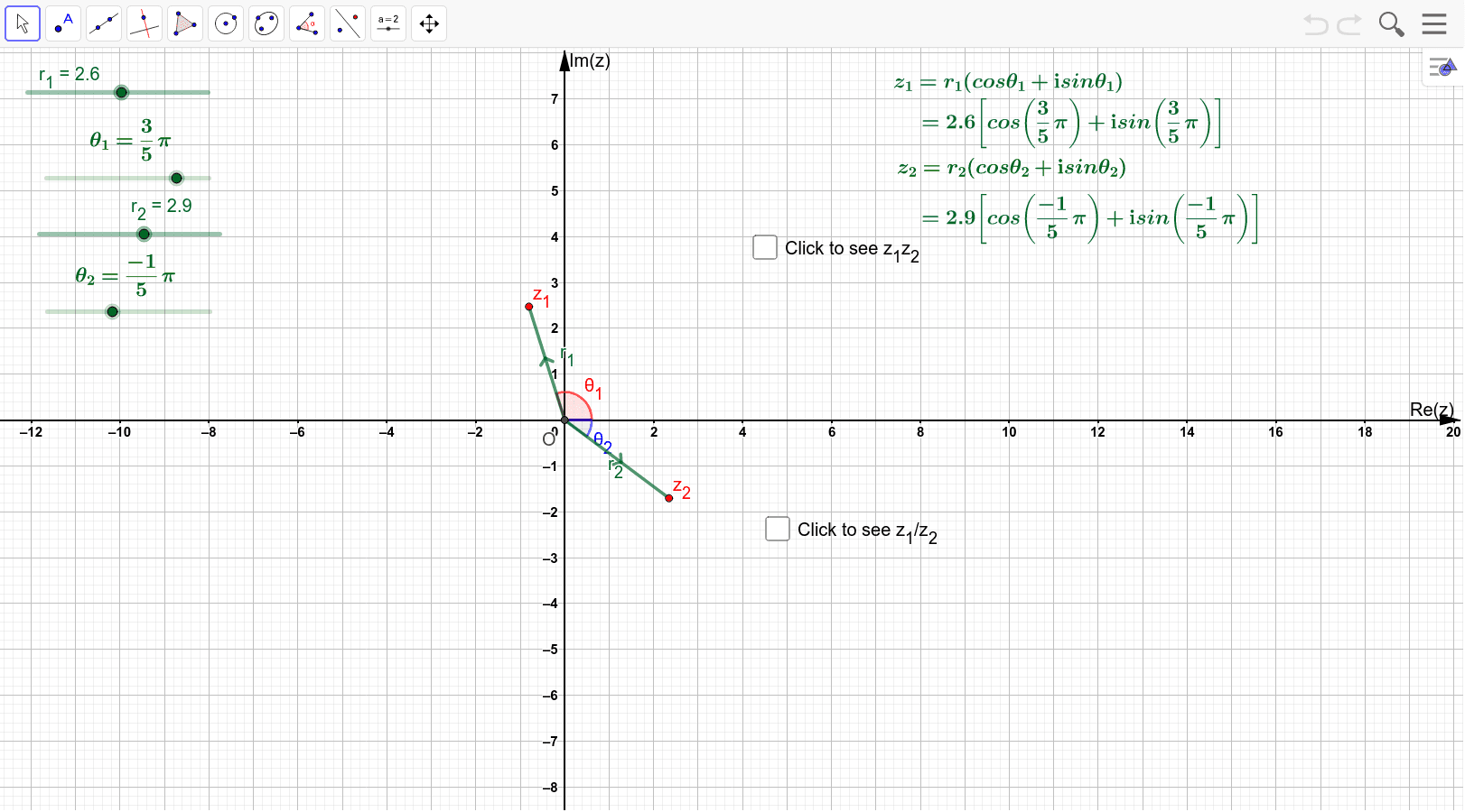 Multiplication and division of complex numbers in modulus-argument form. – GeoGebra