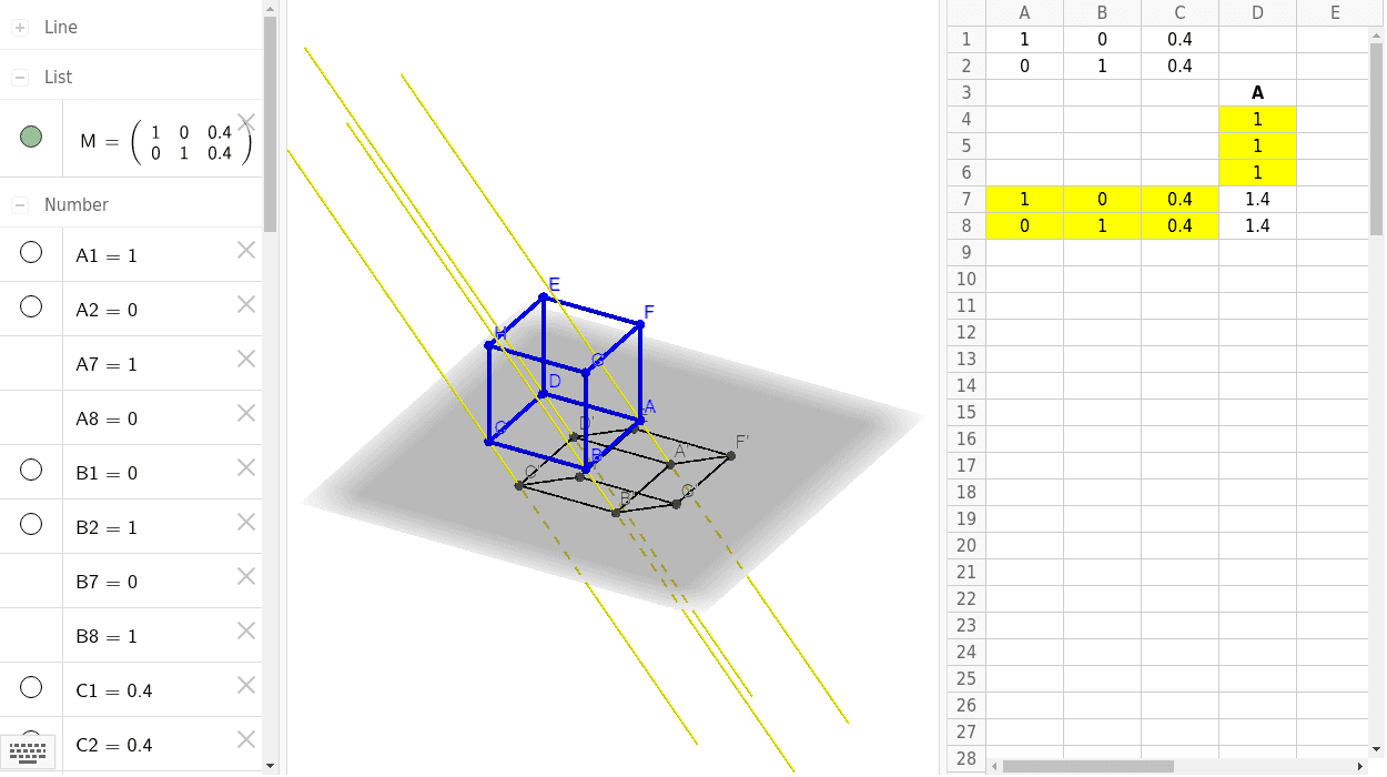 Abbildung eines 3D-Würfels in die Ebene mit einer Matrix – GeoGebra