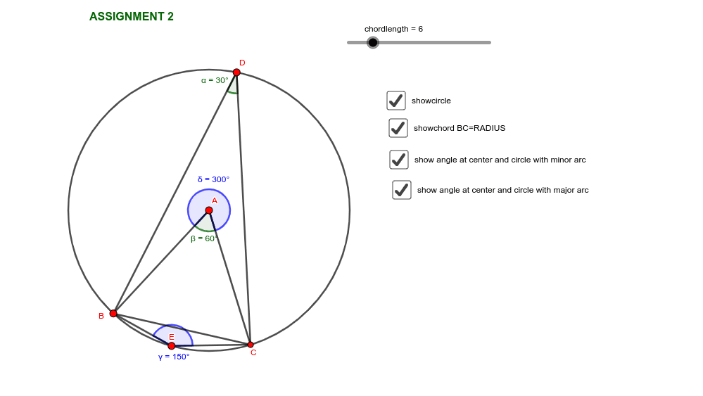 Angle subtends at center when length of chord=radius – GeoGebra