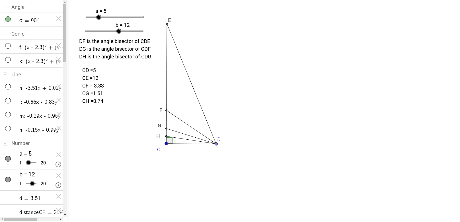 Angle bisector in a right triangle example – GeoGebra