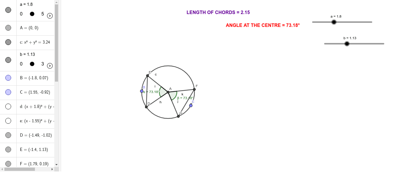 EQUAL CHORDS SUBTEND EQUAL ANGLES AT THE CENTRE – GeoGebra