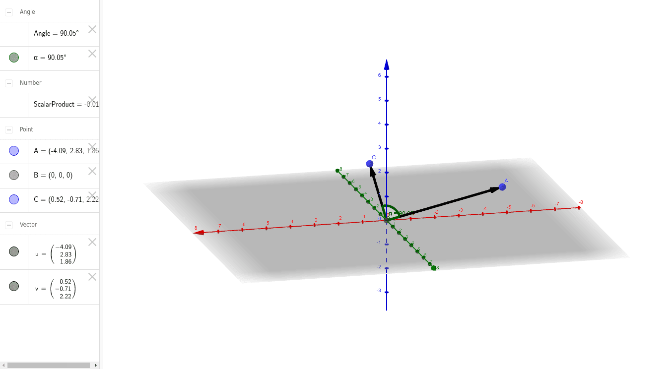 The scalar product of 3-dimensional vectors. – GeoGebra