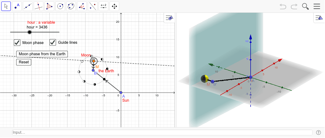 Modeling system of Sun-Earth-Moon – GeoGebra