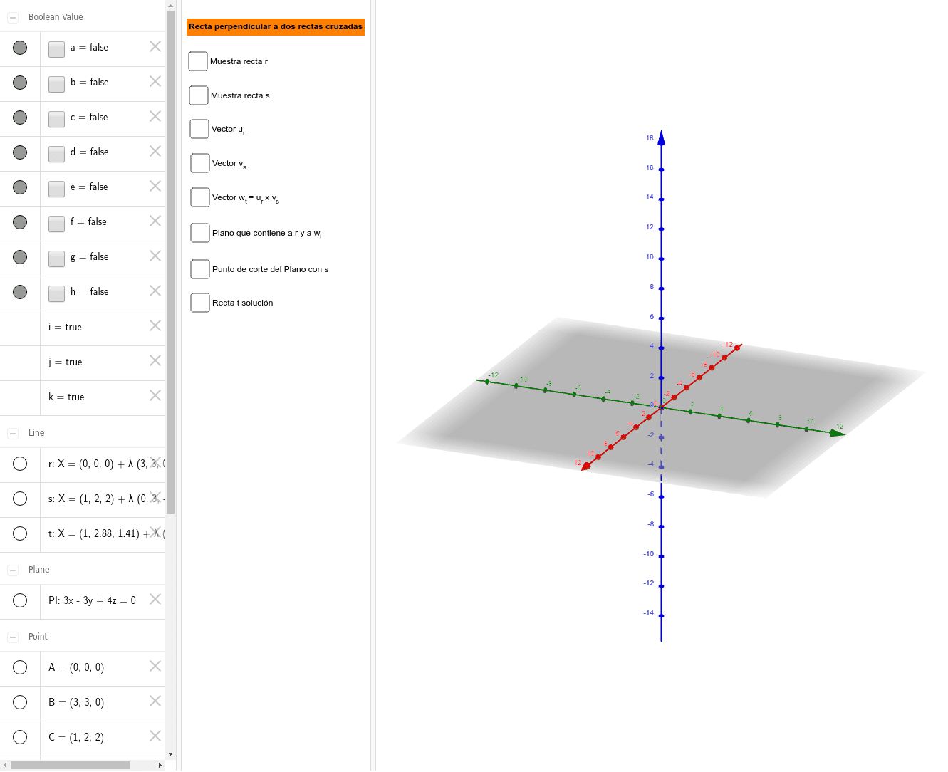 Recta que corta de forma perpendicular a dos rectas cruzadas – GeoGebra