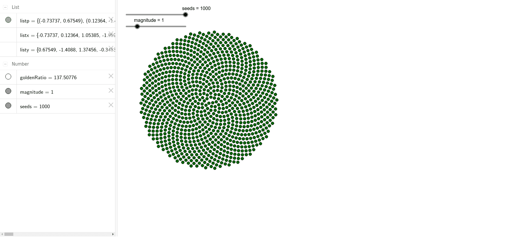 Disc phyllotaxis using Fermat's spiral – GeoGebra
