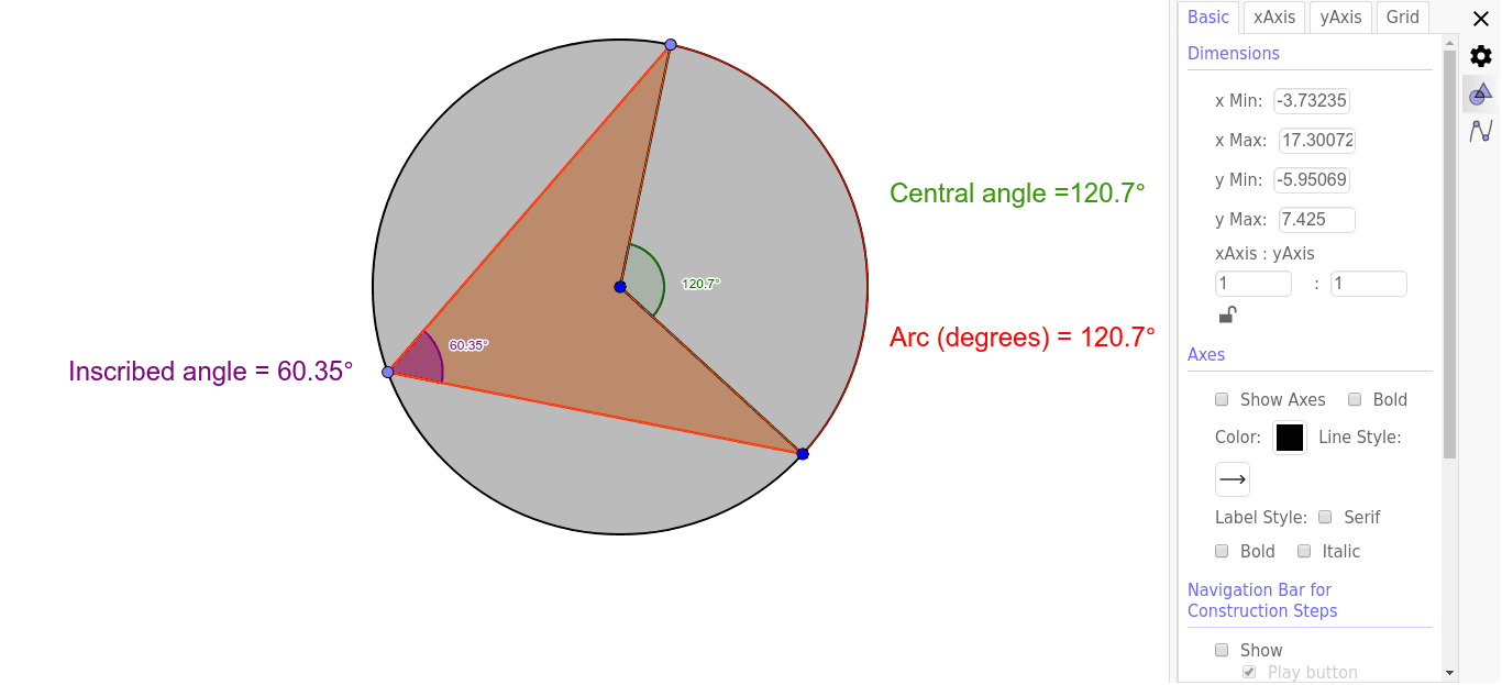 Central Angle, Inscribed Angle Arc – GeoGebra