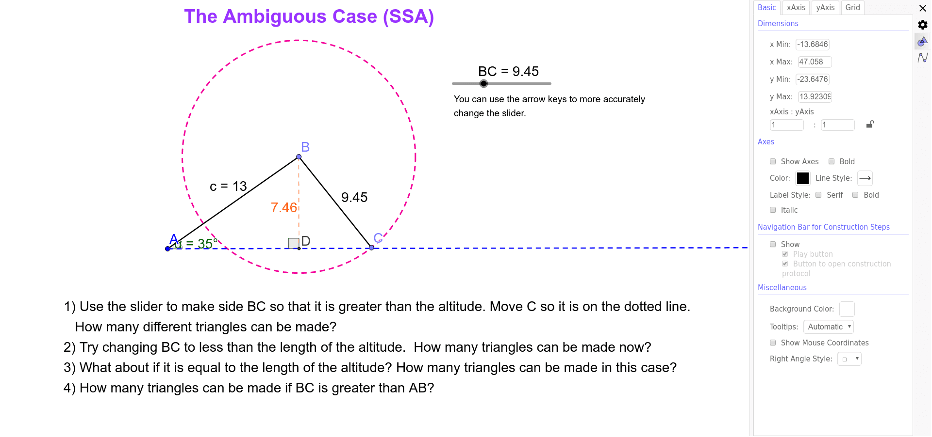 Pre-Calculus: SSA Ambiguous Case Exploration – GeoGebra