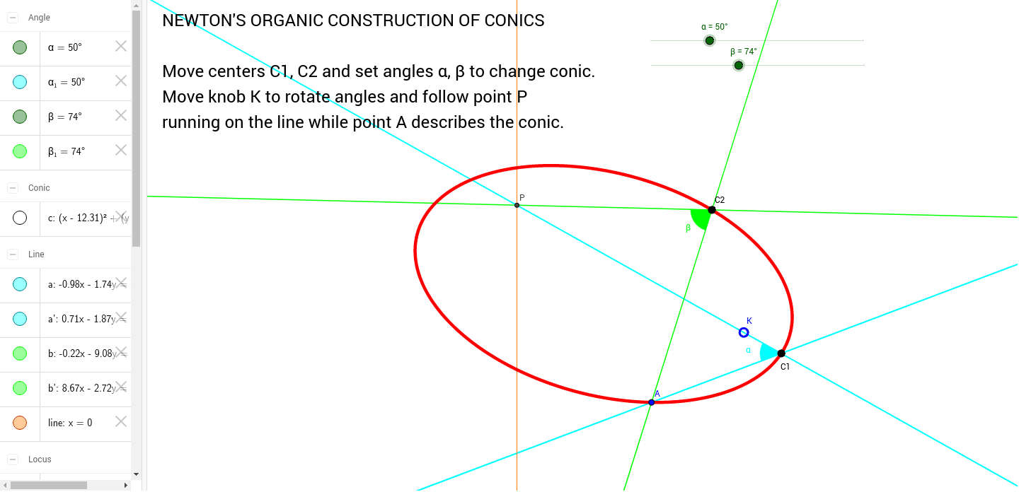 Newton's "organic" conic construction. – GeoGebra
