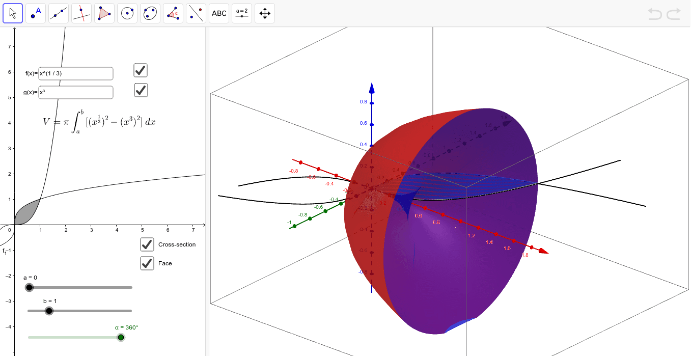 Revolving the area between curves about the x-axis – GeoGebra