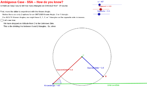 Explore Ambiguous Case (SSA) 2 -- How do you know? – GeoGebra