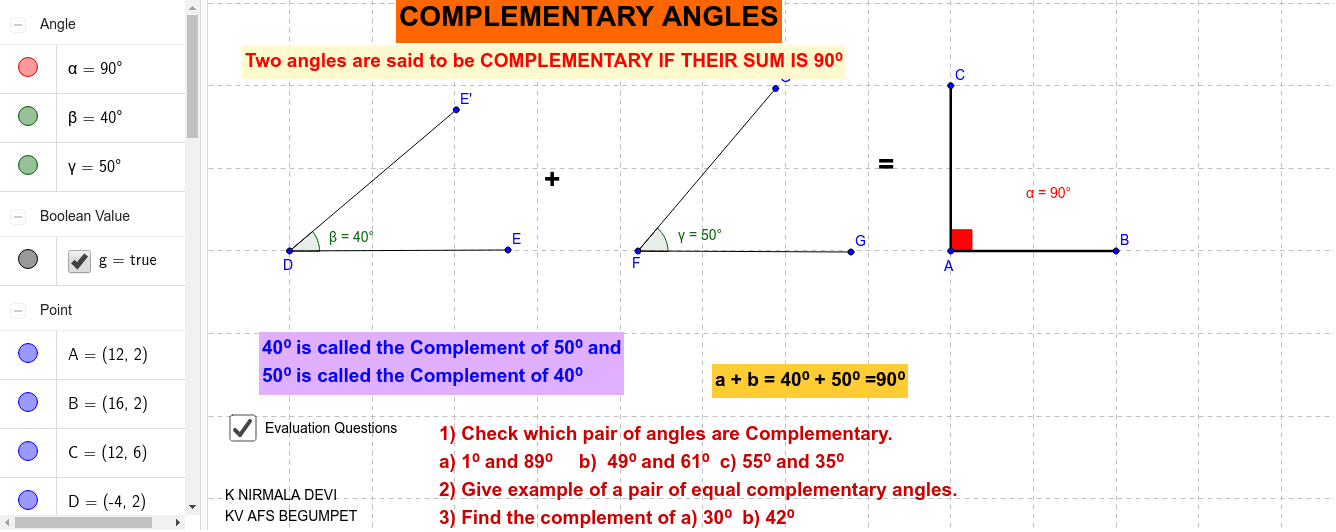 COMPLEMENTARY ANGLES – GeoGebra