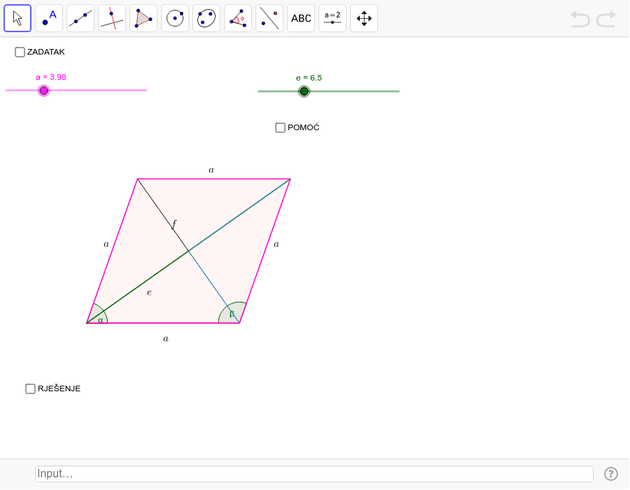 Romb-stranica i dijagonala – GeoGebra