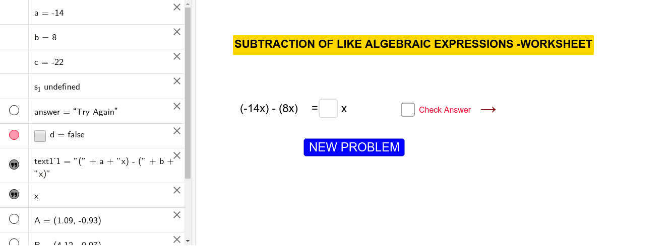 Algebra-subtraction of algebraic expressions – GeoGebra