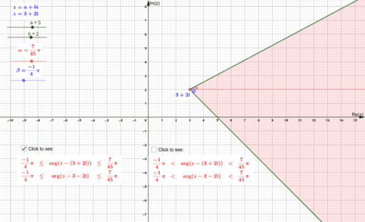 Inequalities on an Argand diagram of form β ≤ arg(z - a) ≤ α. – GeoGebra