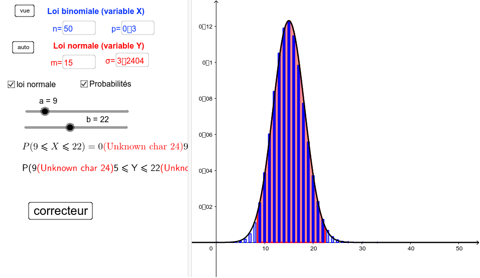 Approximation loi binomiale avec correcteur – GeoGebra