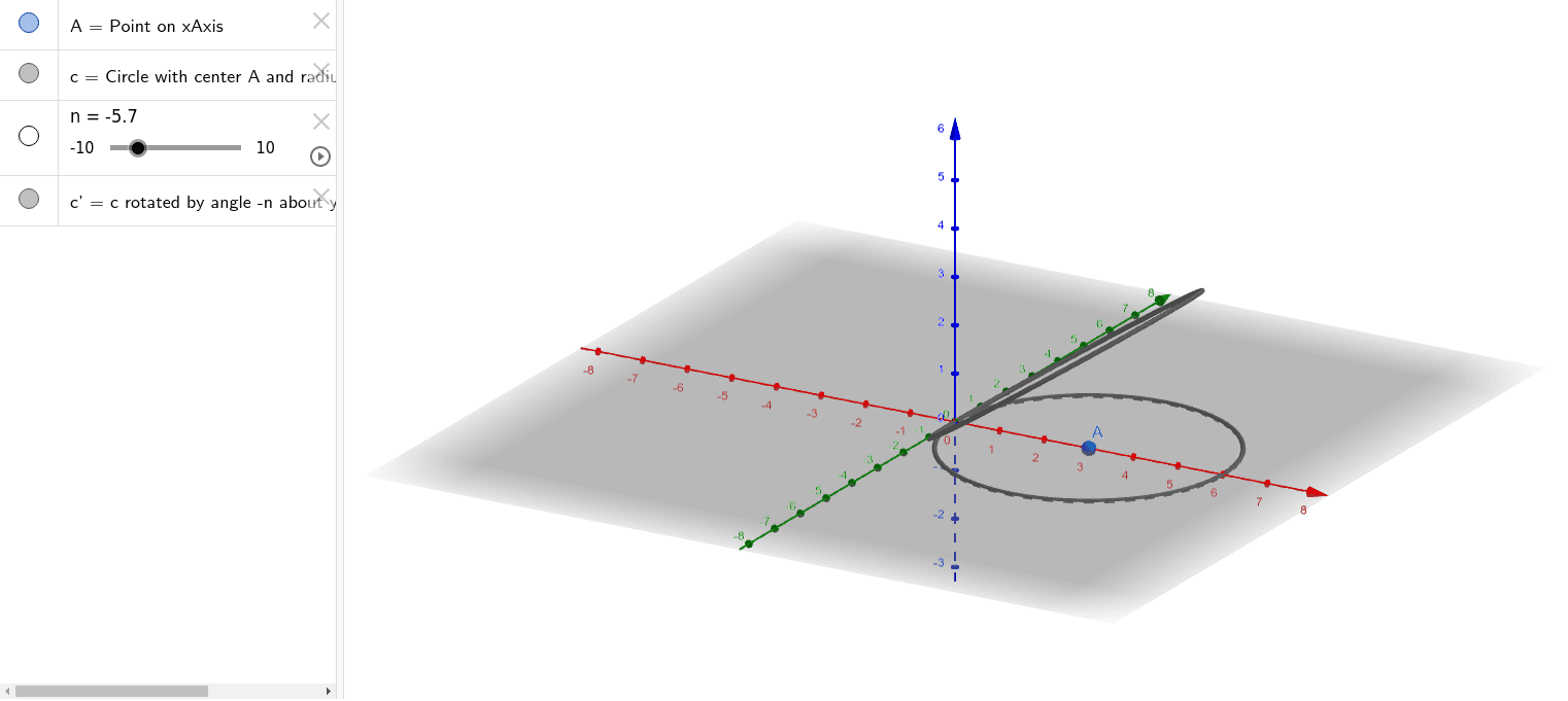 Rotate a circle with a point on an axis about the axis – GeoGebra