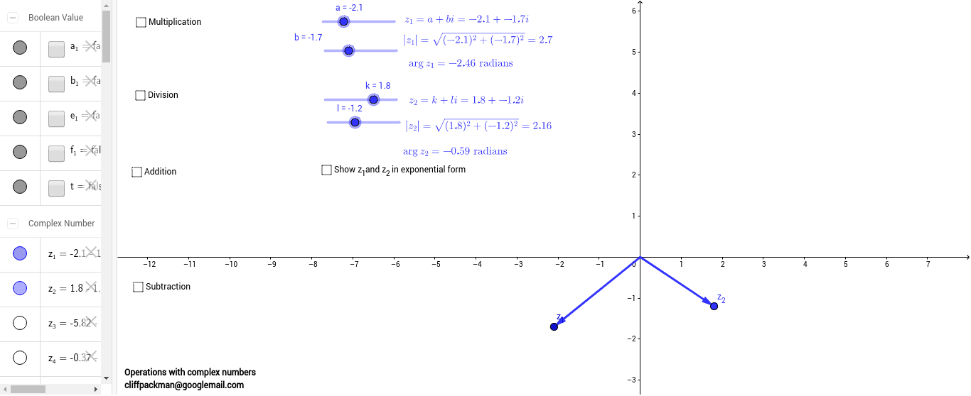 Operations with complex numbers (shows modulus and argument) – GeoGebra