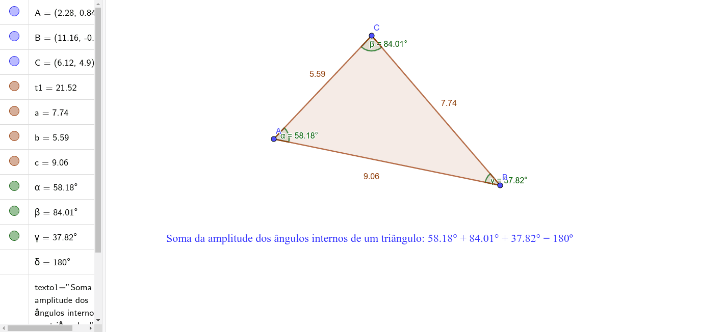 Soma da amplitude dos ângulos internos de um triângulo – GeoGebra