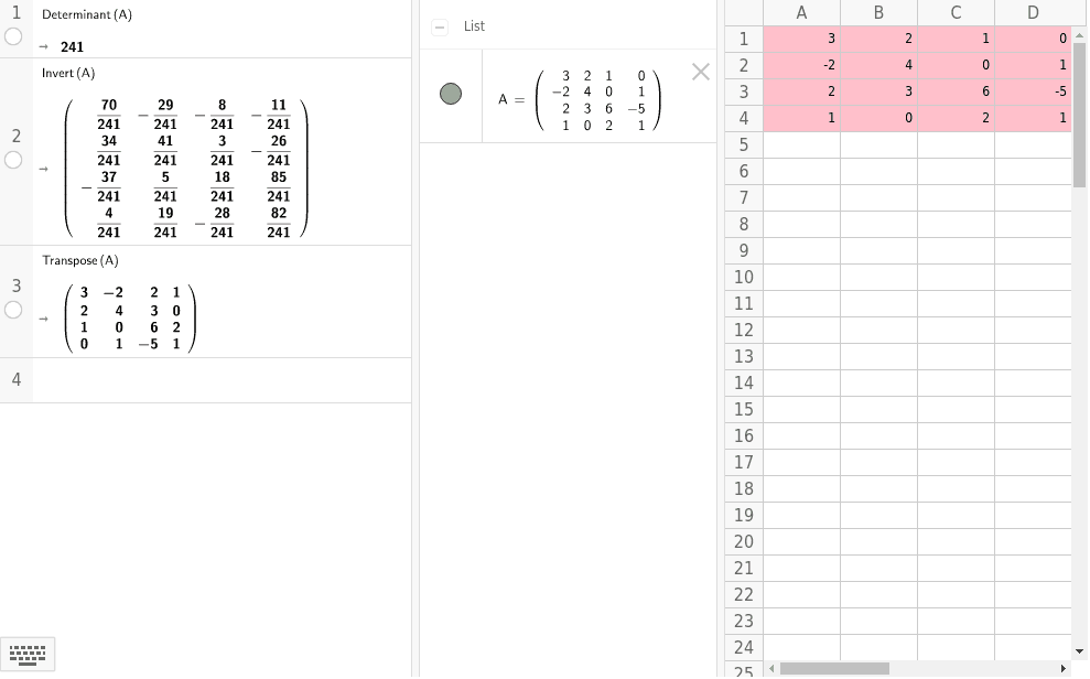 Matrix A (4x4) dengan Determinant, Invert dan Transpose – GeoGebra