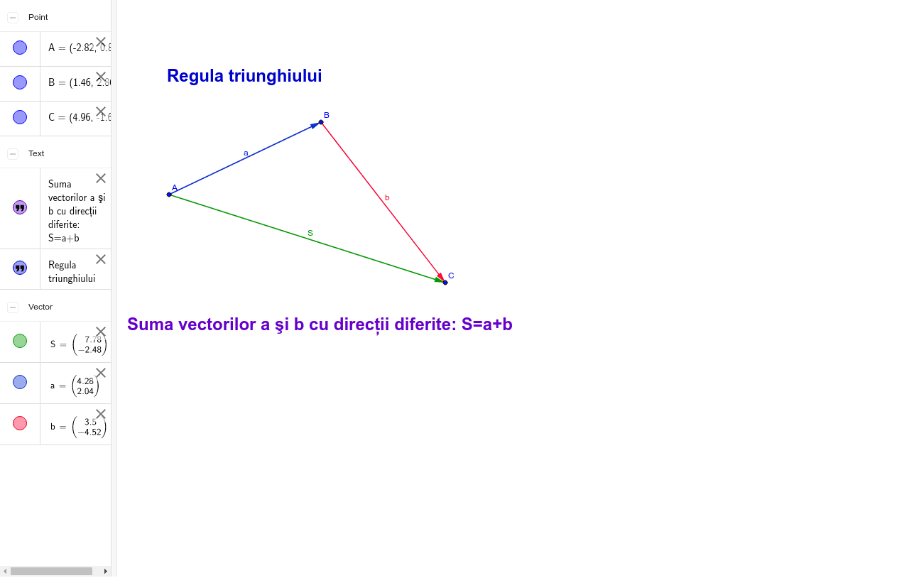 Regula triunghiului la adunarea vectorilor – GeoGebra