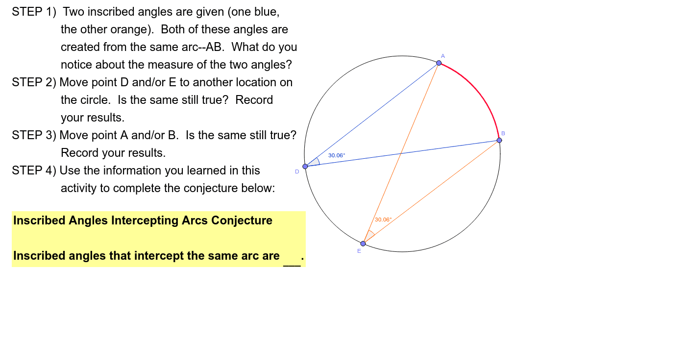 Investigation 2: Inscribed Angles Intercepting the Same Arc – GeoGebra