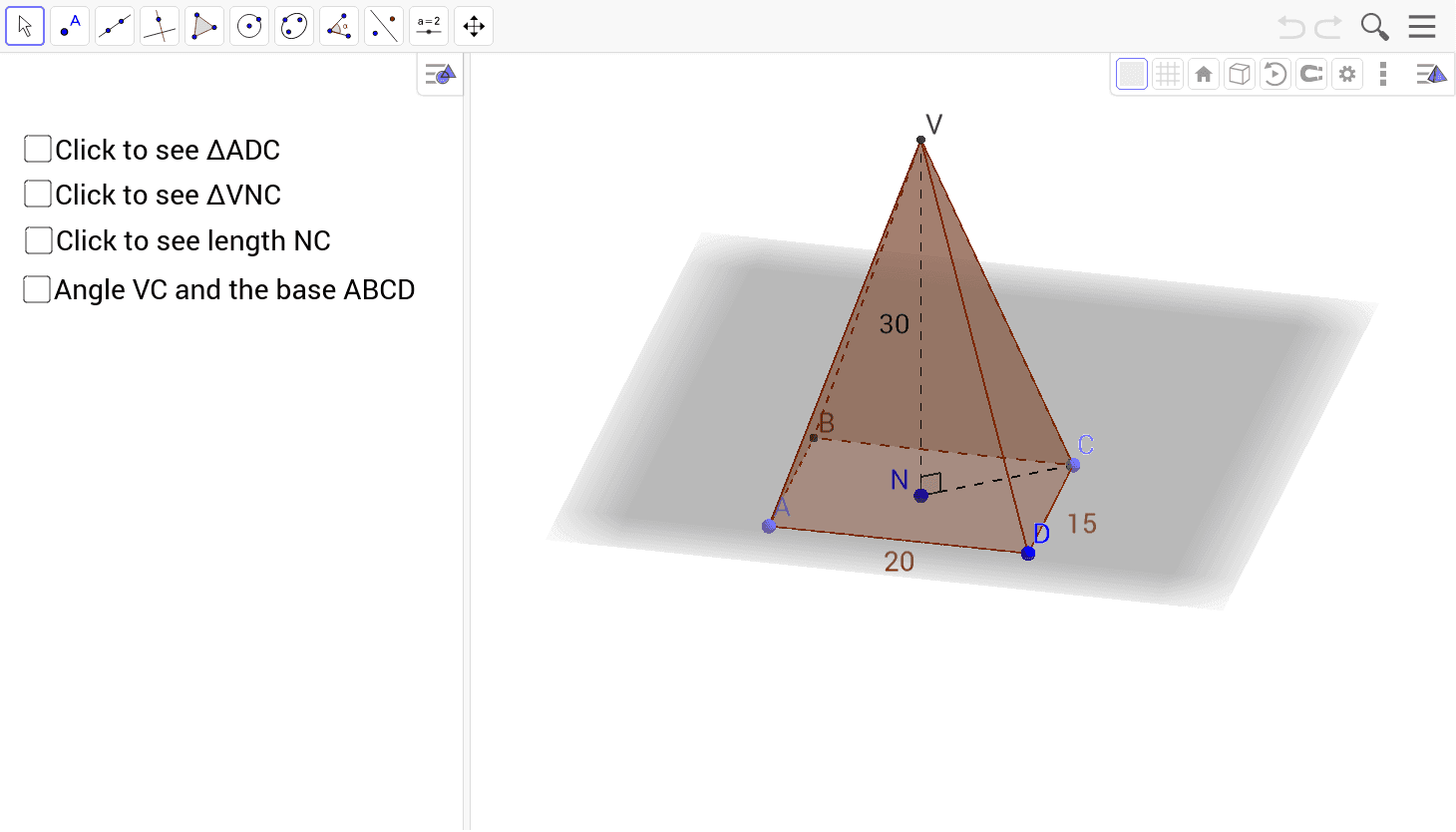 Length and angles in a pyramid. – GeoGebra