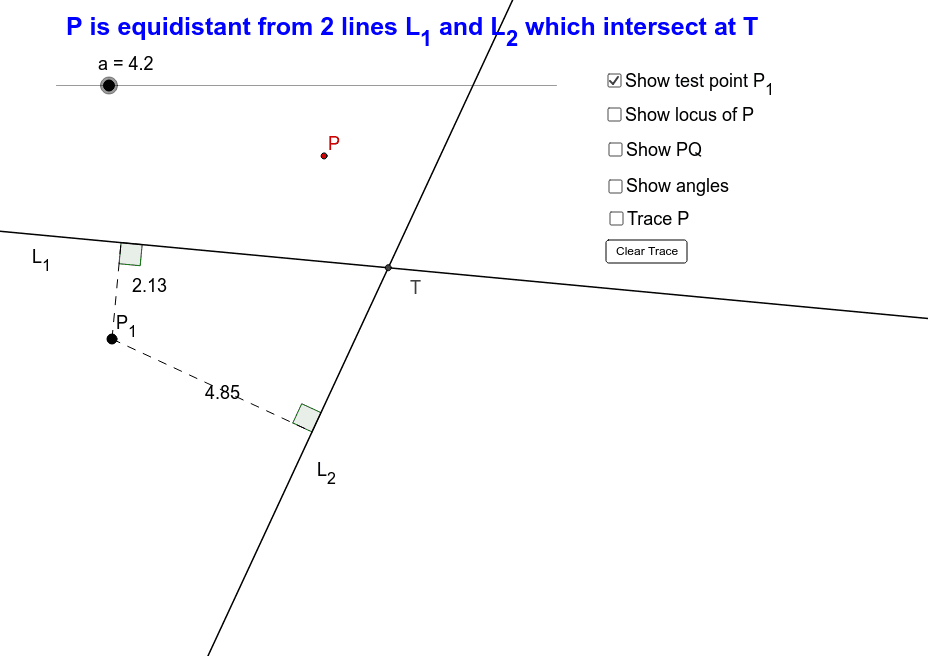 Locus 6: Equidistant from 2 non-parallel lines – GeoGebra