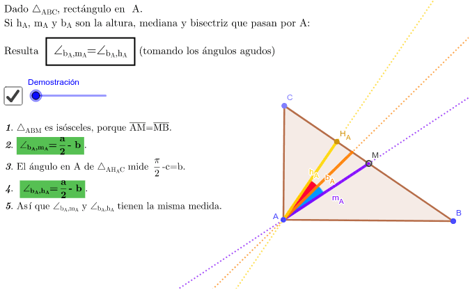 Mediana, altura y bisectriz en un triángulo rectángulo – GeoGebra