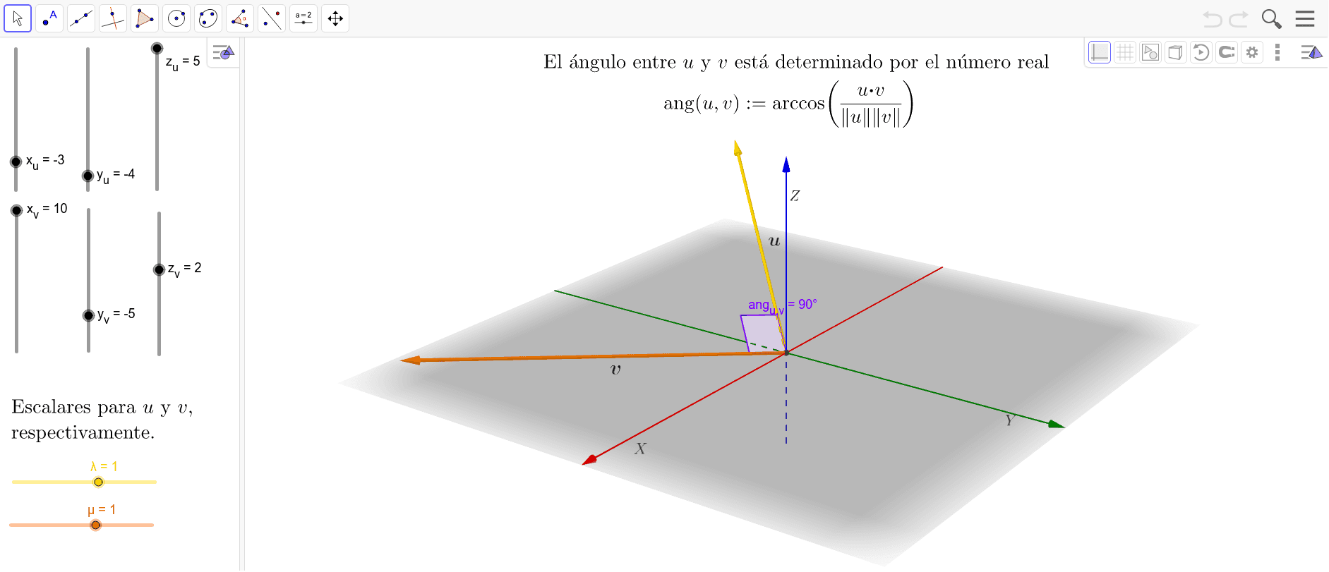 Ángulo entre vectores en el espacio – GeoGebra
