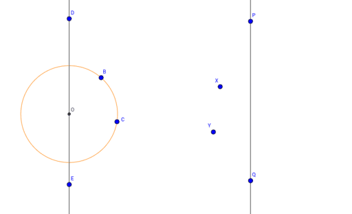 Construct a circle with centre on a given line and passing through two points – GeoGebra